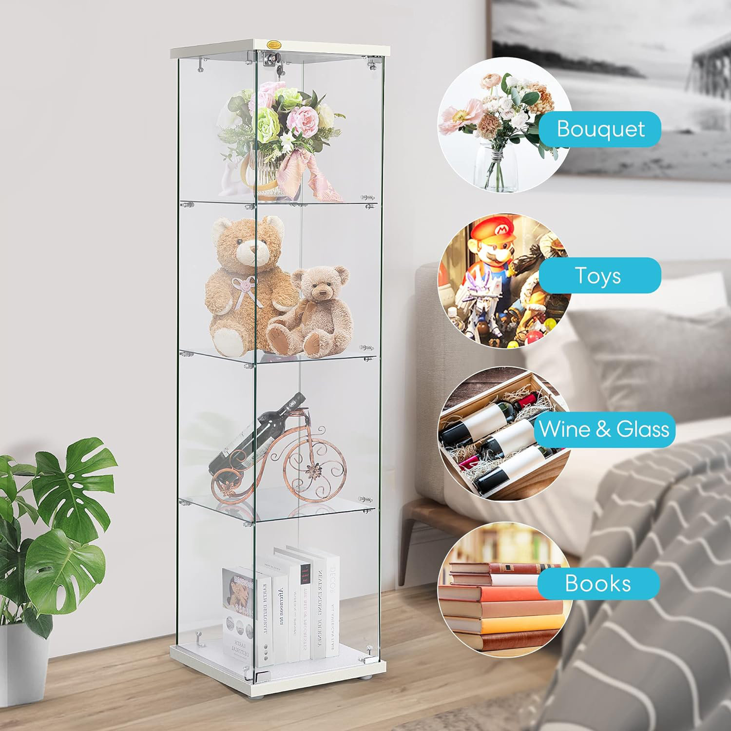 Glass display cabinet with lock store